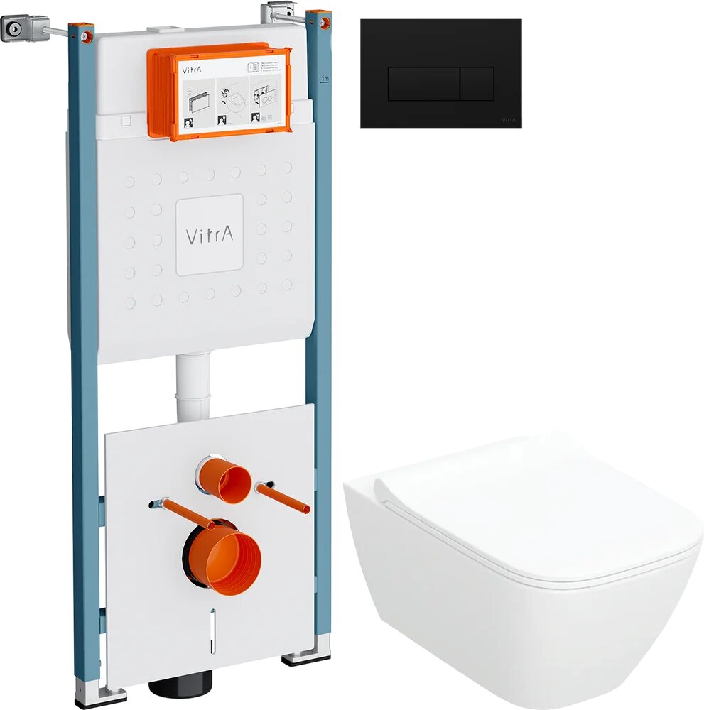 Комплект 3 в 1 Унитаз подвесной Geberit Smyle Square 500.685.01.1 / Инсталляция VitrA Ви-Фикс Кор (V-Fix Core) 732-5800-01PV / Кнопка Рут Скуэр (Root Square) 740-2311 цвет матовый черный