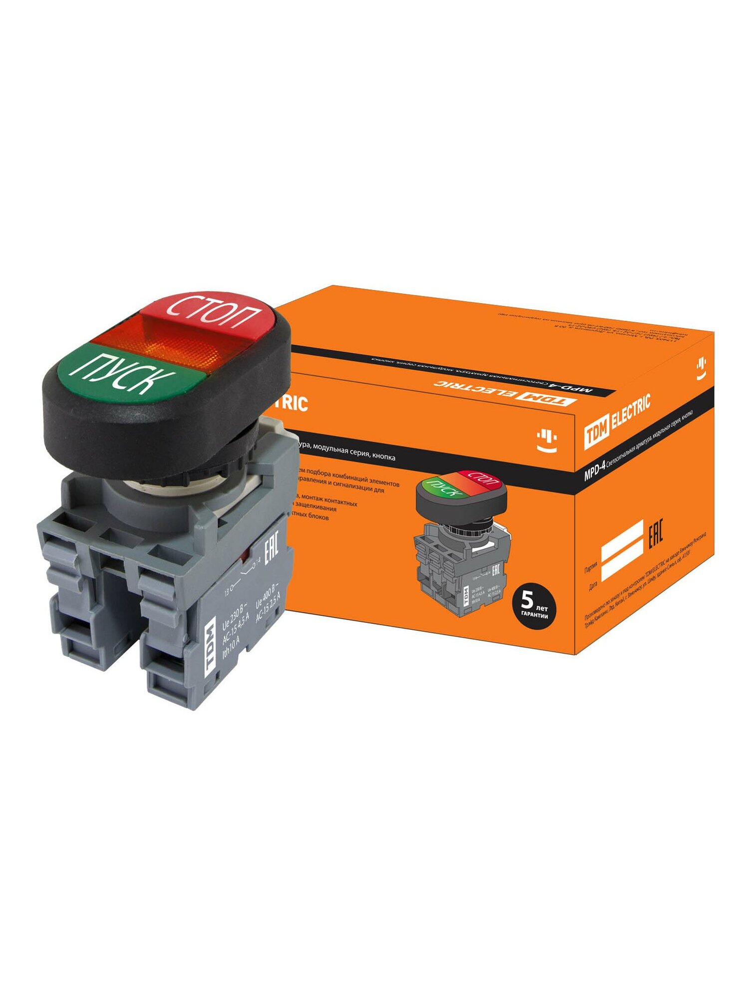 Набор Кнопка двойная MPD4-11R зеленая/красная LED в сборе d22мм/24В (пуск/стоп) линза красная TDM {SQ0747-0066} (2 шт)