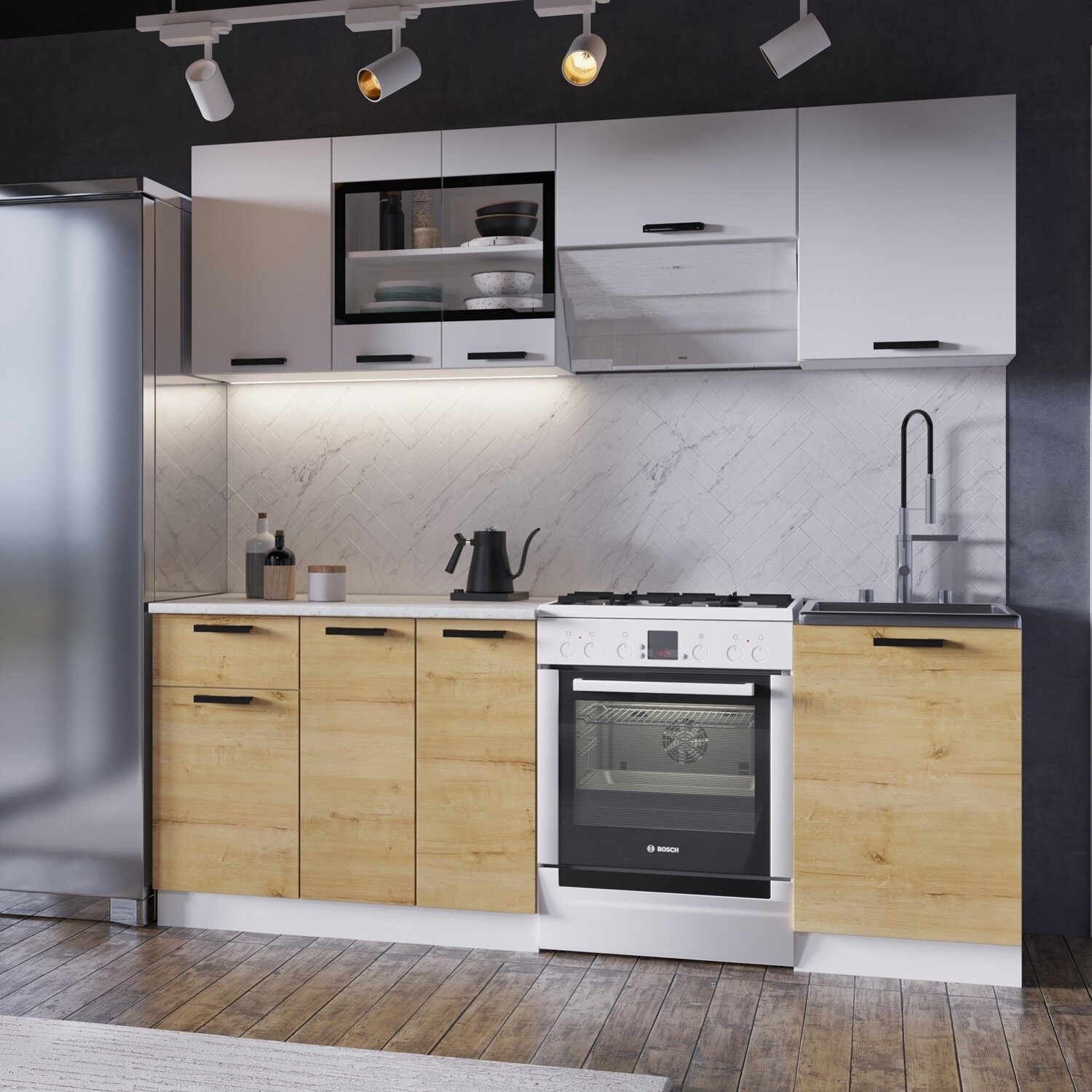 Кухонный гарнитур Хозяюшка 2.1 метра Дуб Вотан/Белый гладкий.