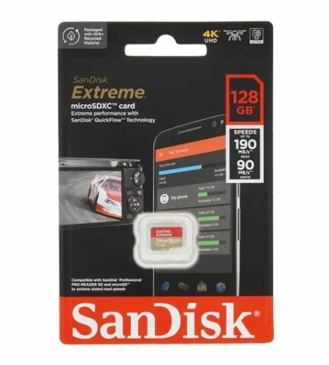 Карта памяти SanDisk Extreme microSDXC 128 ГБ (SDSQXAA-128G-GN6MN) - A2, UHS Class 3, Video Class 30, запись - 90 Мбайт/сек, чтение - 190 Мбайт/сек