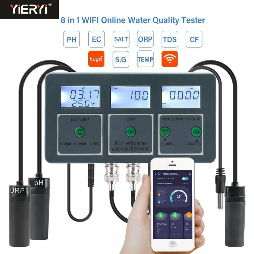 WiFi Tuya умный измеритель PH, регистратор данных, температурный TDS солености S.G. Тестер воды EC ORP, монитор-анализатор для аквариумов, бассейна, гидропоники