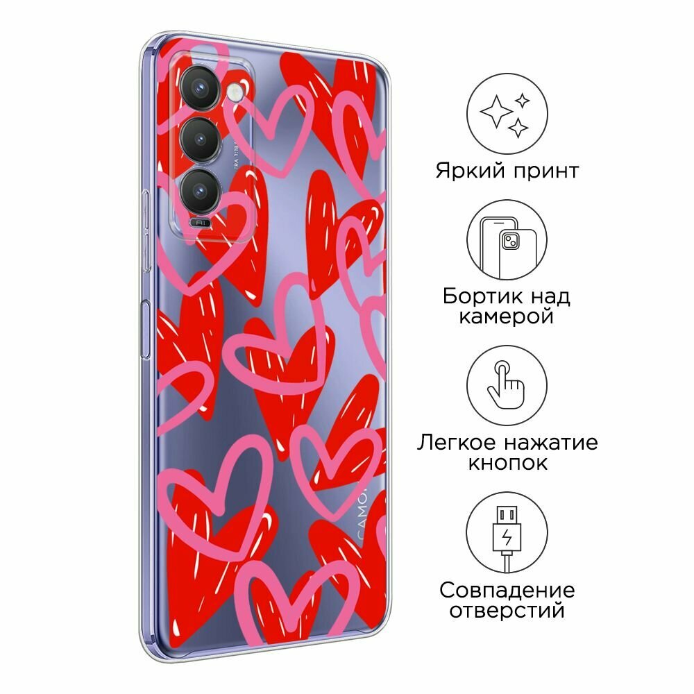 Чехол на Tecno Camon 18/18T / Текно Камон 18/18T с принтом "Hearts doodles - 14 февраля", прозрачный — фото 1