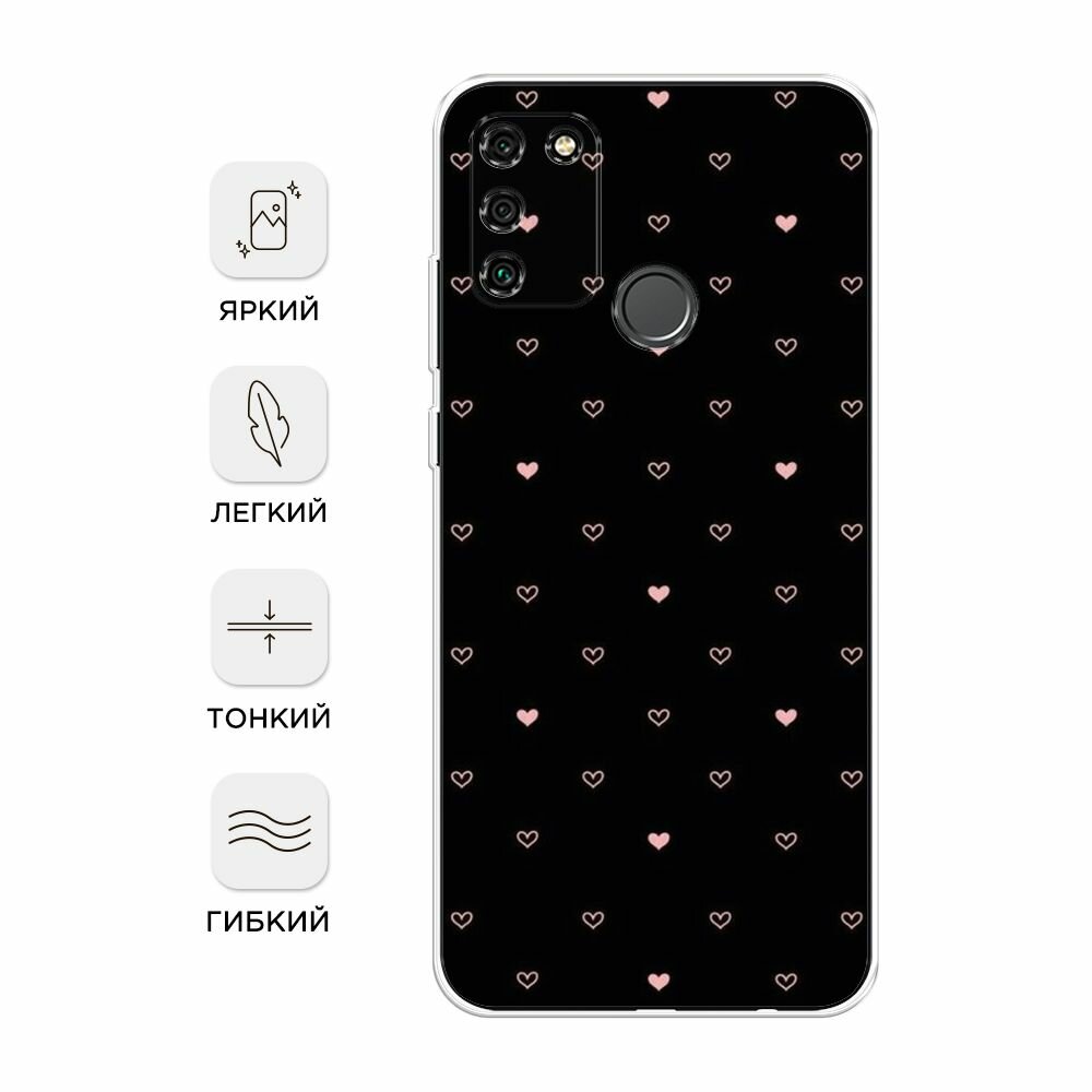 Чехол на Honor 9A / Хонор 9А с принтом "Черный фон и сердечки" — фото 1