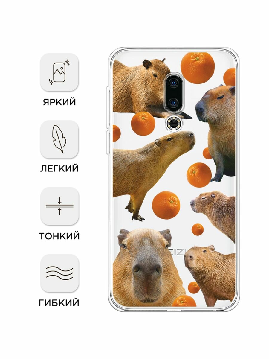 Чехол на Meizu 16th / Мейзу 16th с принтом Капибара и апельсины, прозрачный — фото 1