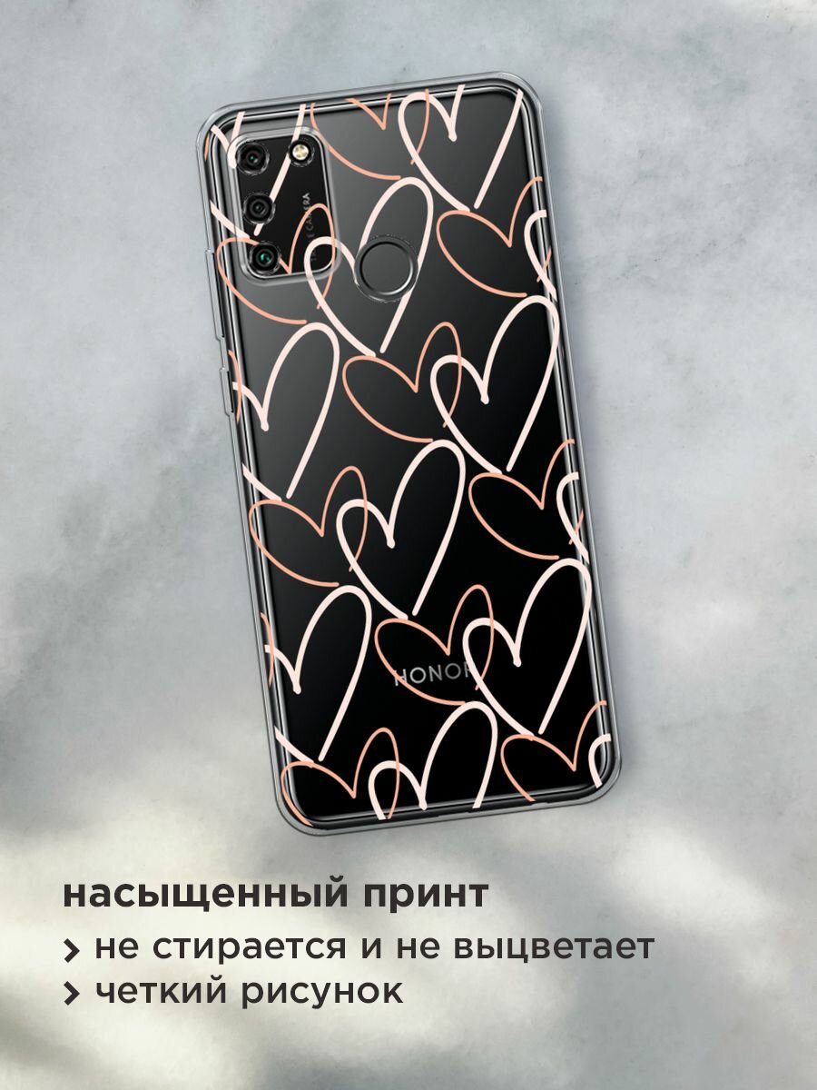 Чехол на Honor 9A / Хонор 9А с принтом "Узор из сердечек", прозрачный — фото 1