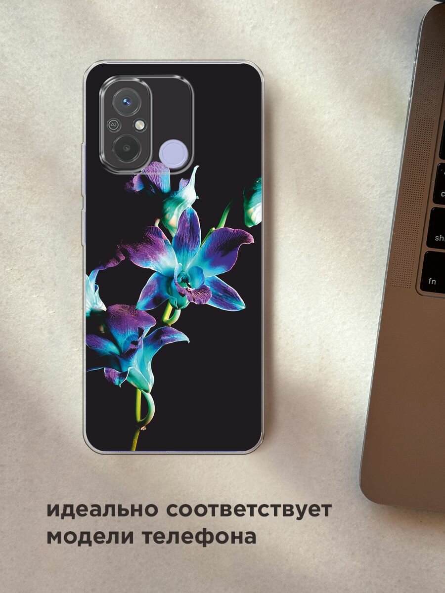 Чехол на Xiaomi Redmi 12C/Poco C55 / Редми 12C/Поко С55 с принтом "Синий цветок на черном" — фото 1
