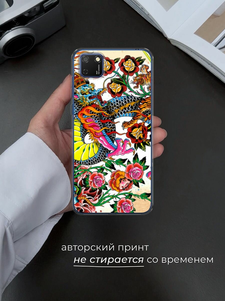 Чехол на Honor 9S/Huawei Y5p / Хонор 9S/Хуавей Y5p с принтом "Дракон в цветах" — фото 1