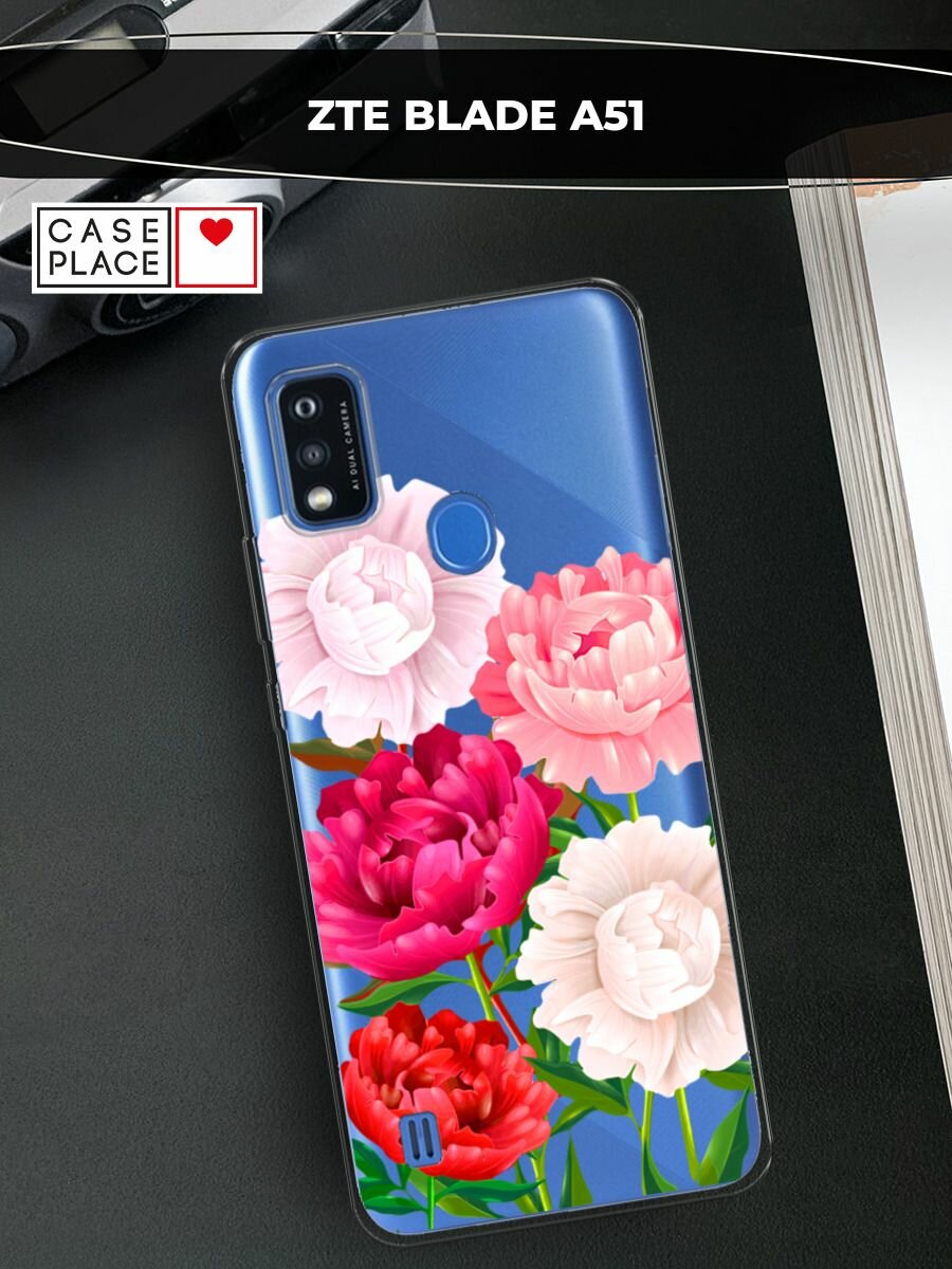 Чехол на ZTE Blade A51 / ЗТЕ Блейд А51 с принтом "Большие пионы", прозрачный