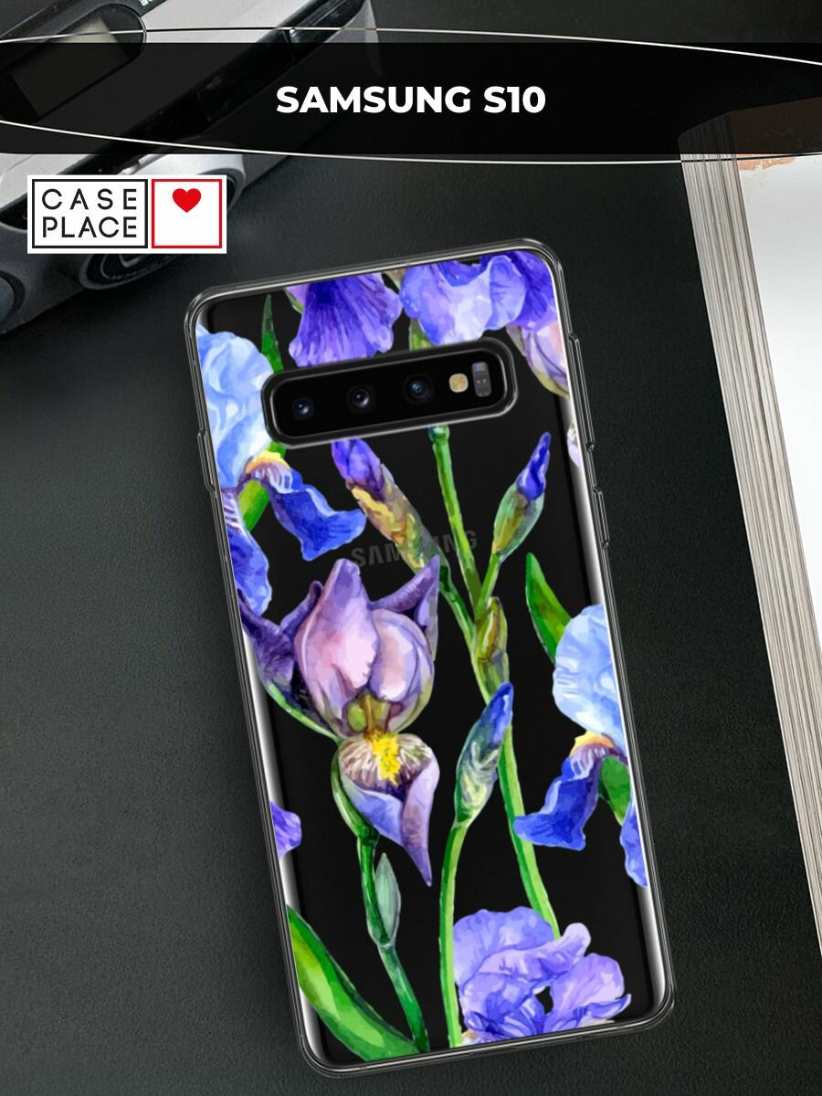 Чехол на Samsung Galaxy S10 / Самсунг Галакси S10 с принтом "Синие ирисы", прозрачный
