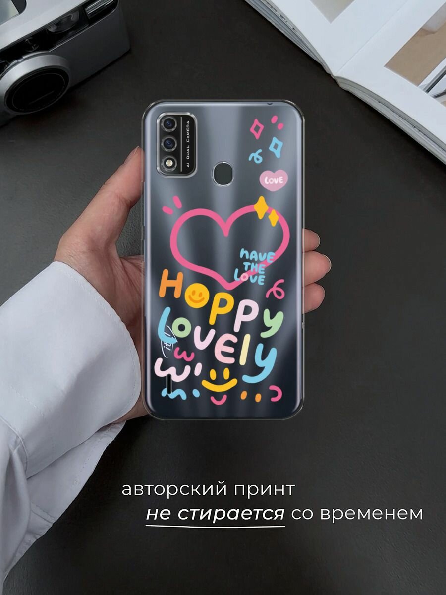 Чехол на Itel A48 / Ител А48 с принтом "Happy lovely", прозрачный — фото 1
