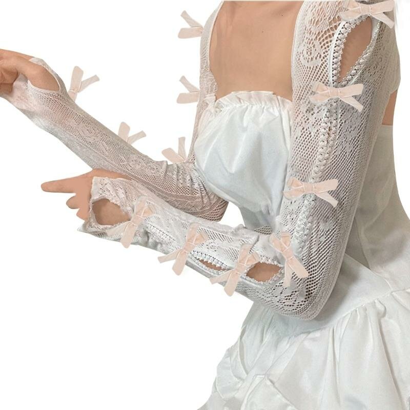 Кружевная шаль с бантом y2k на рукавах-белые перчатки с розовой бабочкой