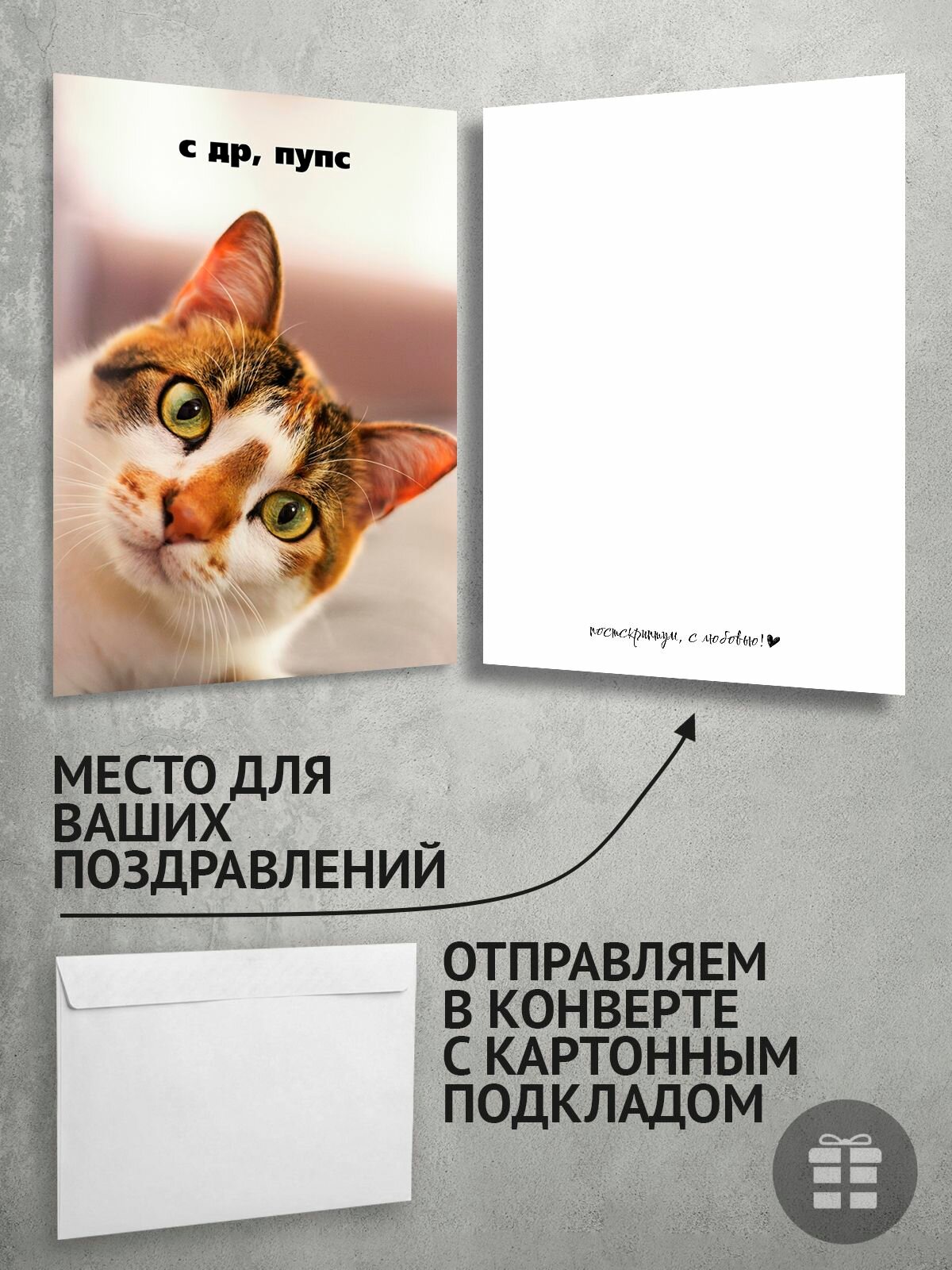 Подарочная открытка с уникальной иллюстрацией котик "С др, пупс" с днем рождения, с юбилеем