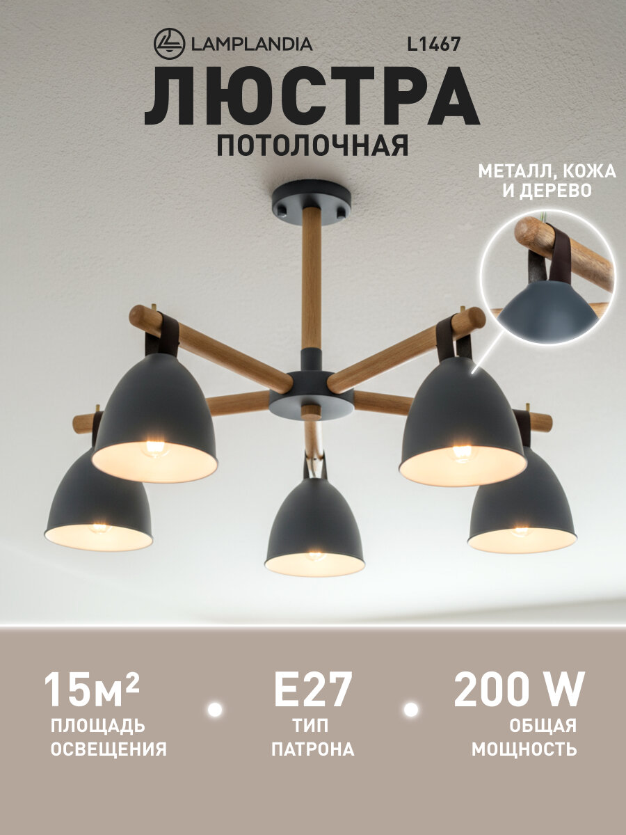 Люстра потолочная Lamplandia L1467 DECIZE GREY, Е27*5 макс 40Вт