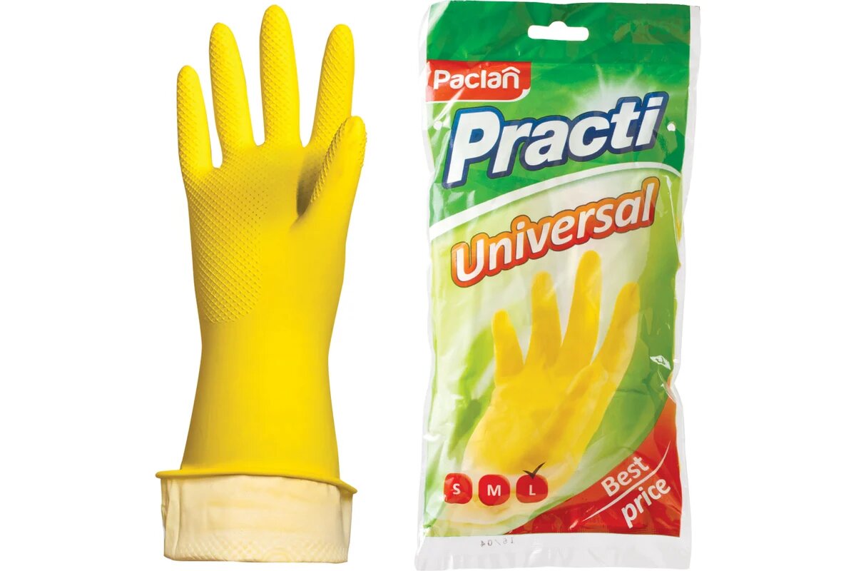PACLAN хозяйственные перчатки латекс с х/б напылением, размер L, желтые 602482