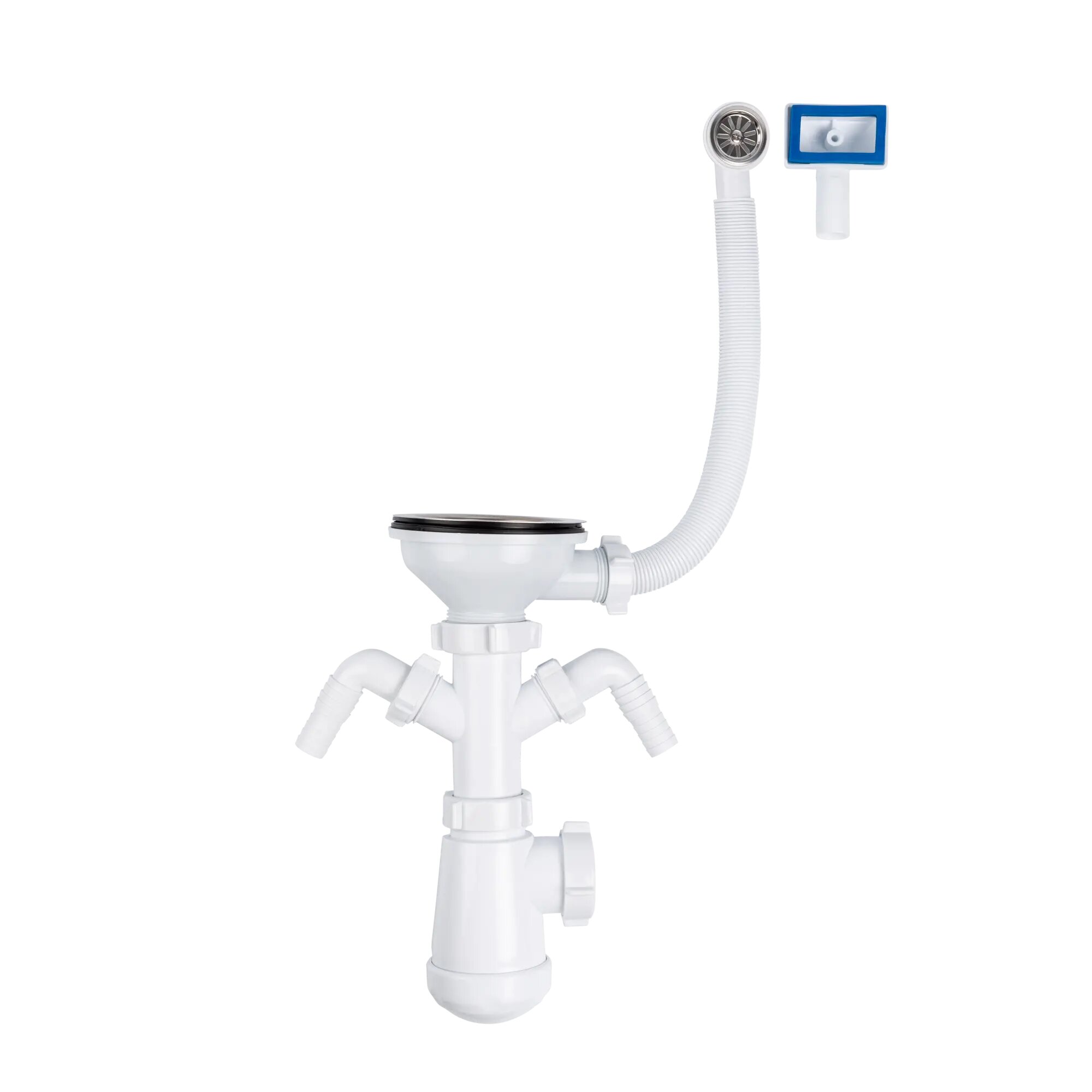 Equation Сифон для мойки ø90 мм с переливом и двумя отводами, надежный монтаж