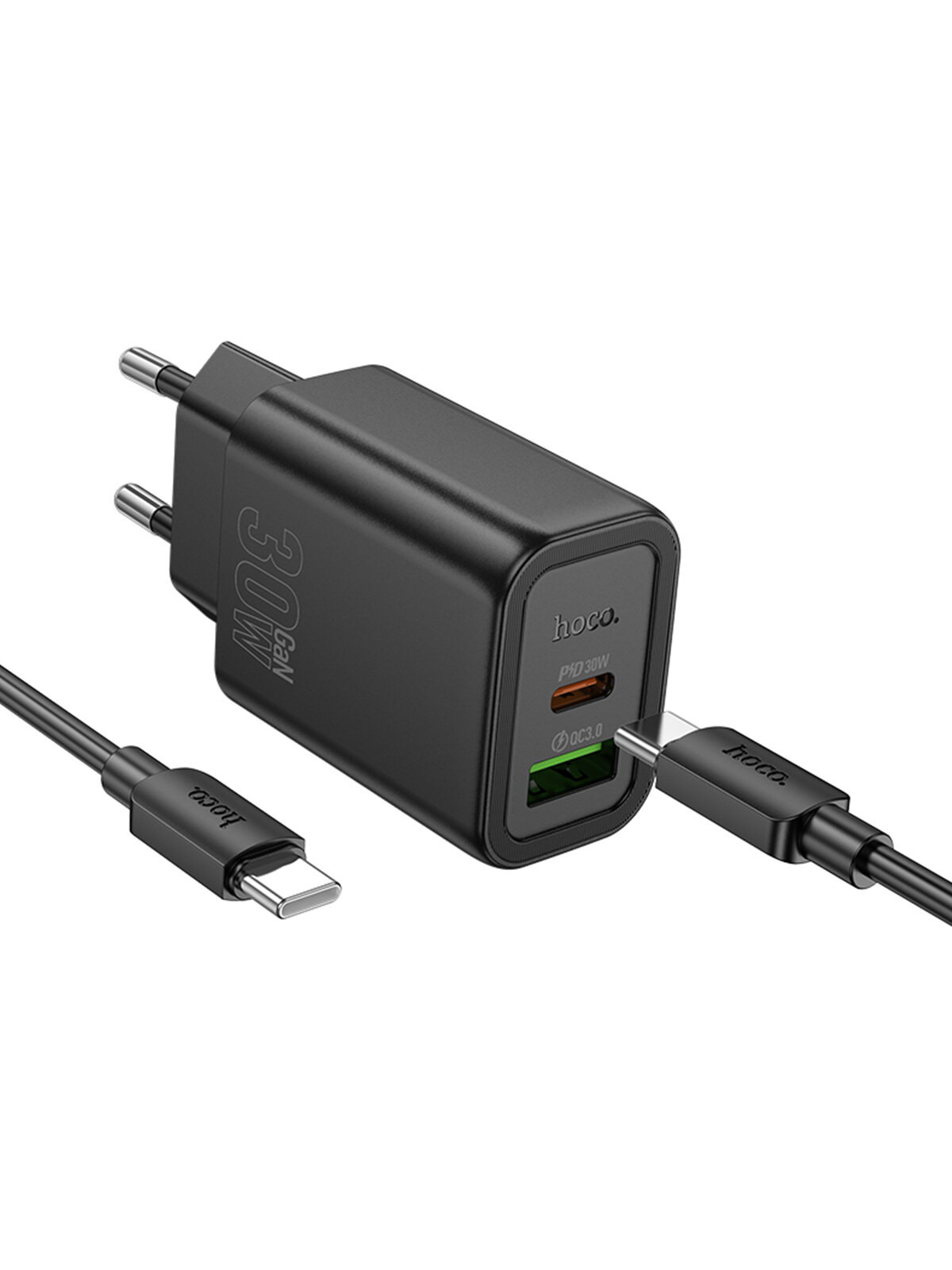 Сетевое зарядное устройство Hoco N63 с технологией GaN, с двумя портами USB-C/USB-A, быстрая зарядка 30W, с кабелем 1м