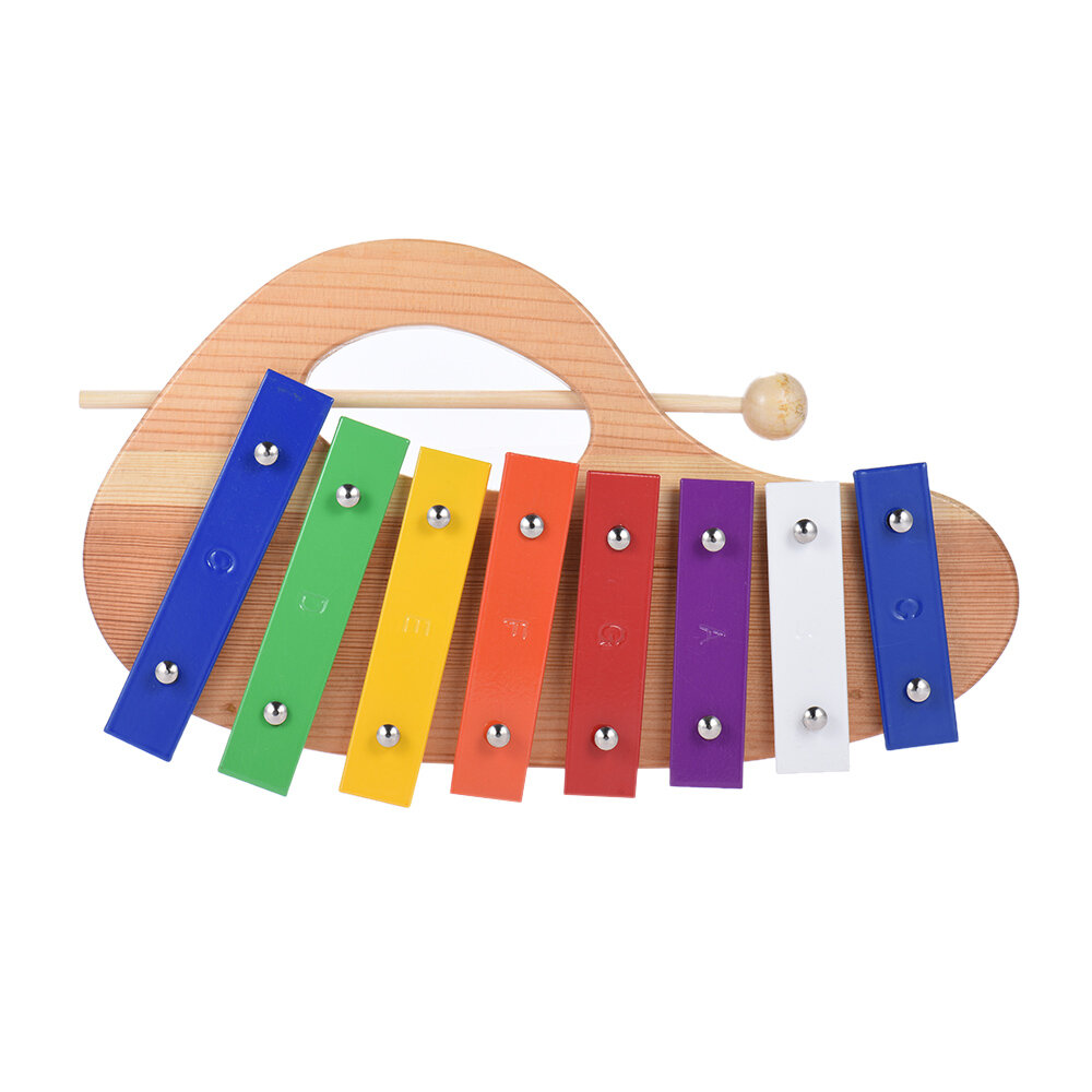 Ксилофон из сосны дерева 8-нотный с цветными алюминиевыми пластинами толщиной 3 мм с ручкой и деревянной молоточком, ударный музыкальный игрушка для маленьких детей, размер 25*14.5*2.5 см, вес 309 г, материал сосна и алюминий, комплект 1 ксилофон и 1