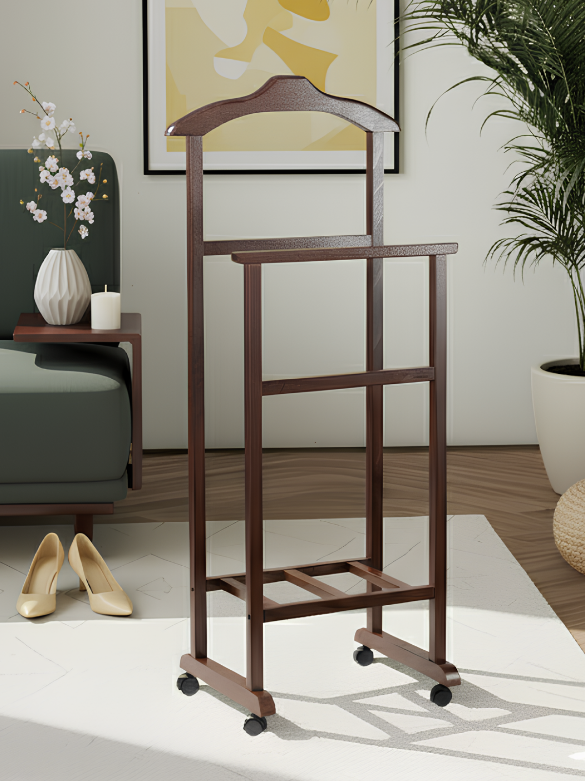 Вешалка напольная для одежды деревянная на колесах для одежды Голд с полочкой для обуви орех