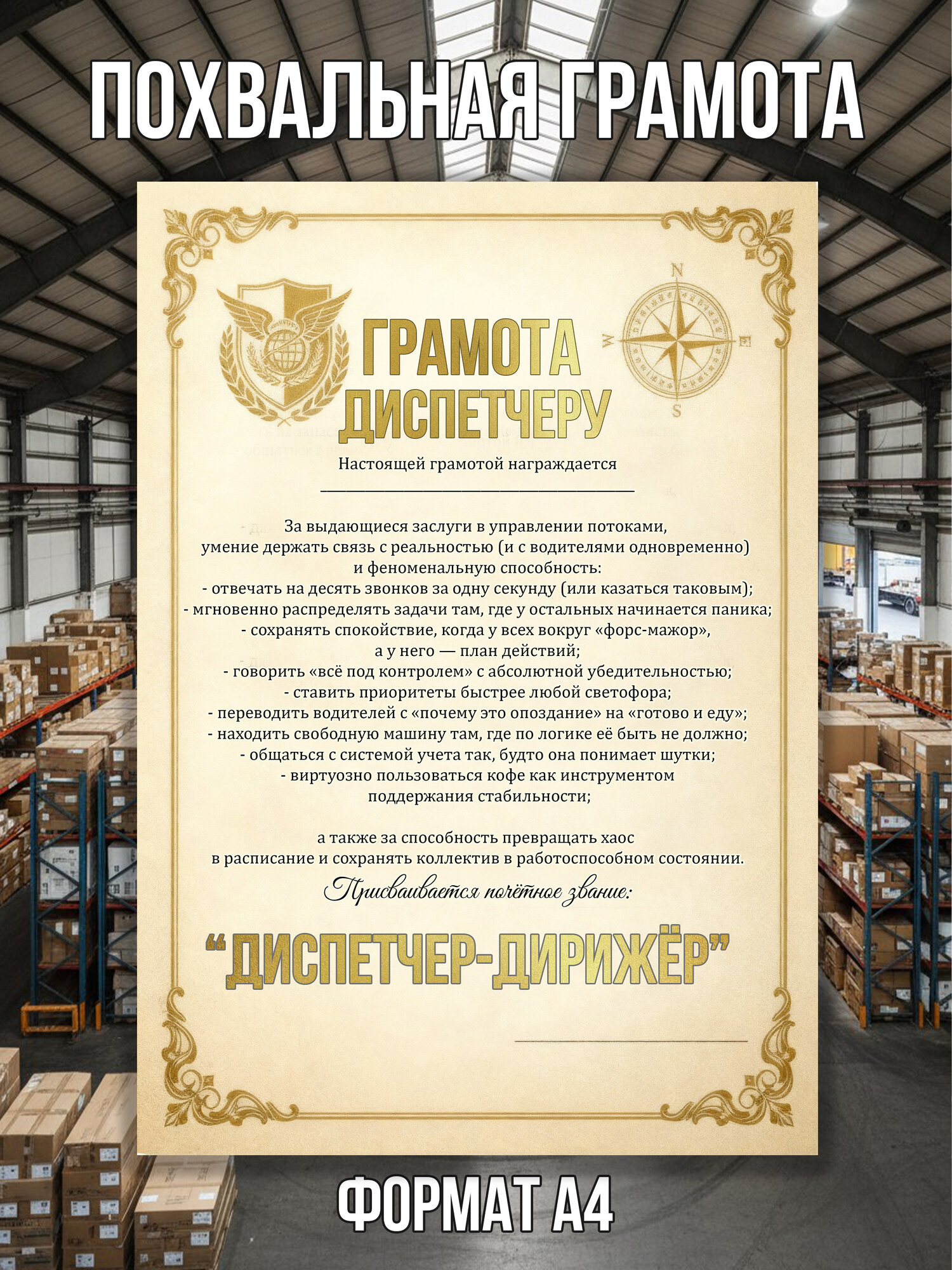 Похвальная грамота диспетчеру А4