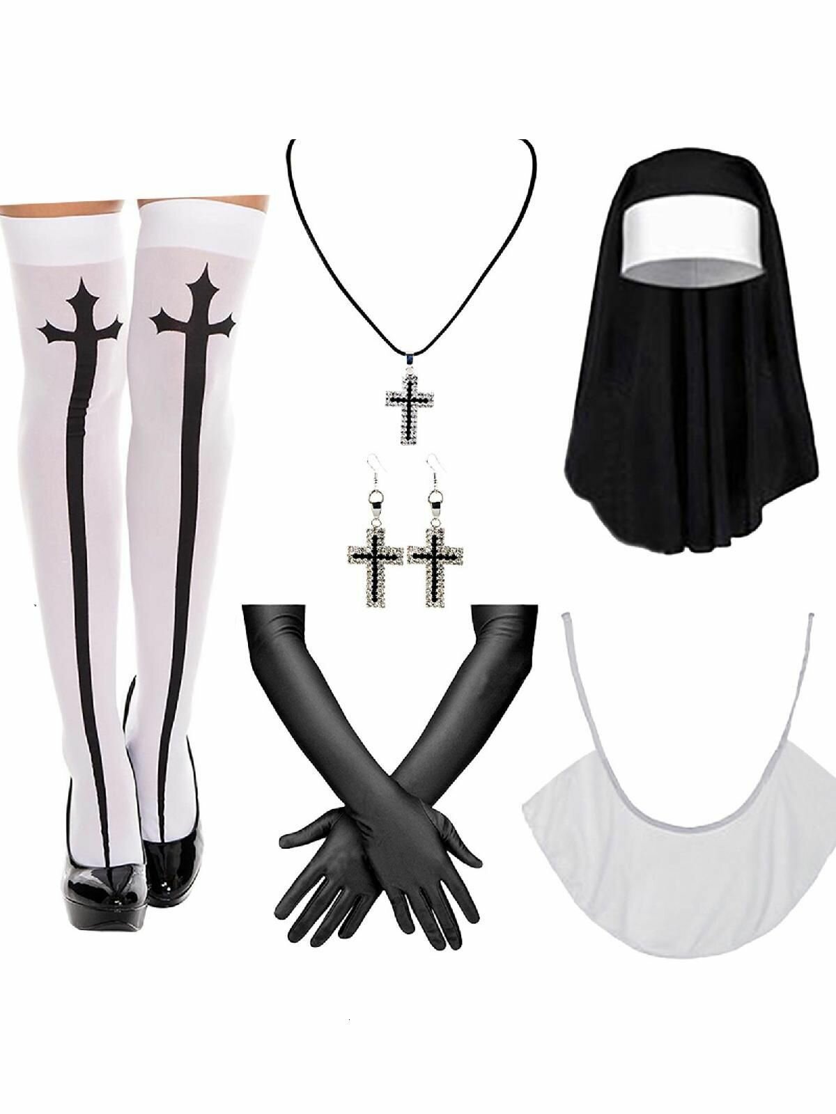 Костюм монахини для женщин: головной убор, крест, ожерелье, воротник, чулки, - 23MSSET699