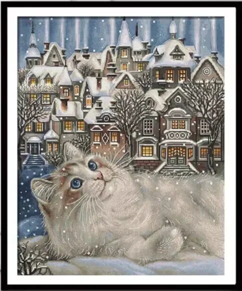 Набор для вышивки крестом "Зимний кот" Dahlia 14CT, 16CT, 18CT 16CT white canvas