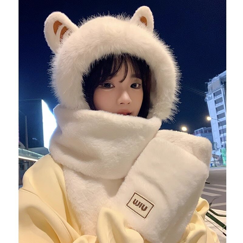 Симпатичная плюшевая шапка с ушками, шарф и перчатки для женщин зимой, утолщенная и теплая для езды на велосипеде, защита от холода для ушей Шапка Lei Feng