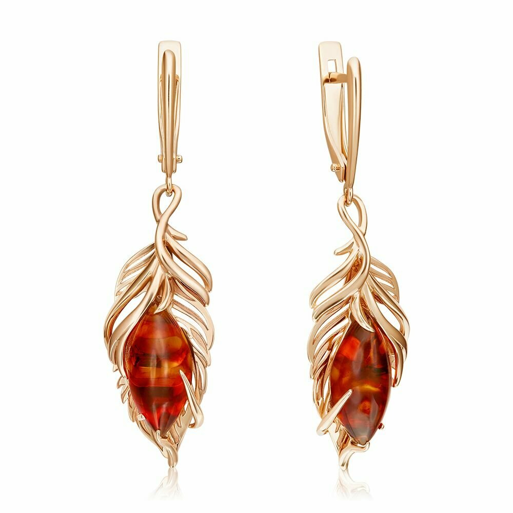 Серьги, красное золото, 585 проба, янтарь