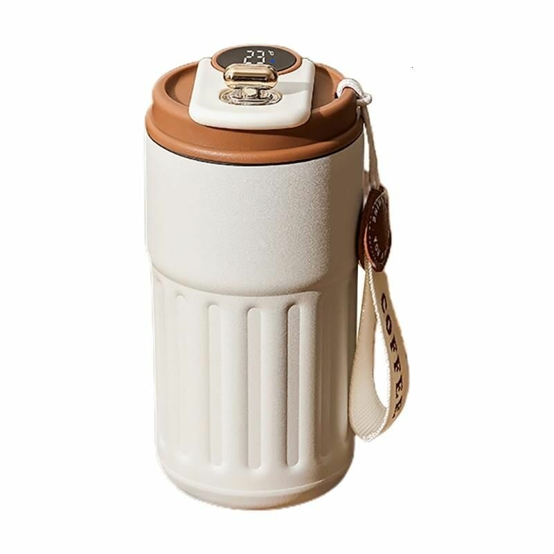 Стальная кружка с термометром, туман белого кофе