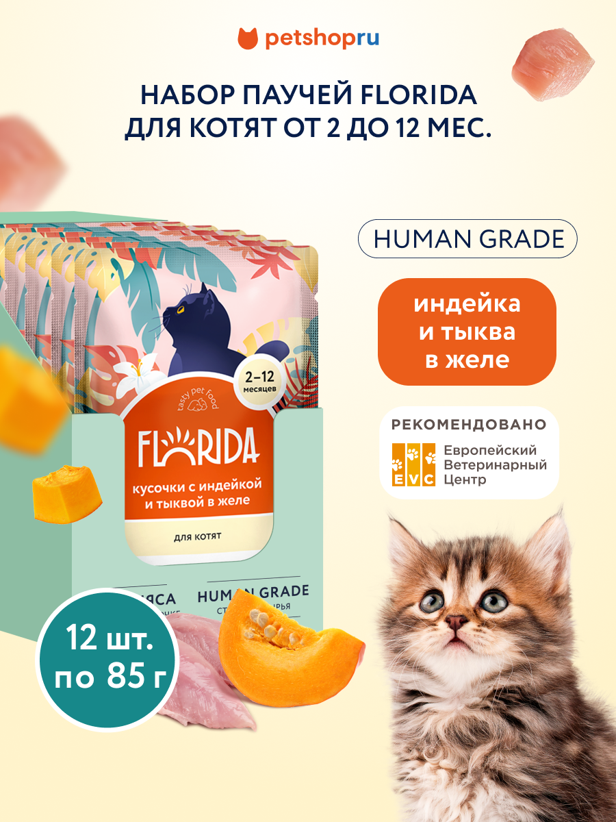 FLORIDA Паучи для котят: кусочки с индейкой и тыквой в желе, 12 шт по 85 гр Влажный корм