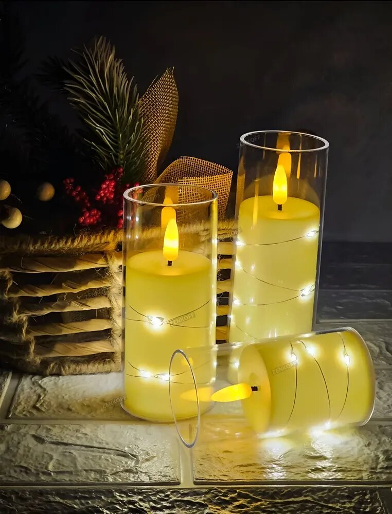 Украшение настольное интерьерное, набор из 3 свечей, стеклянные, с LED подсветкой, Q027 — фото 1