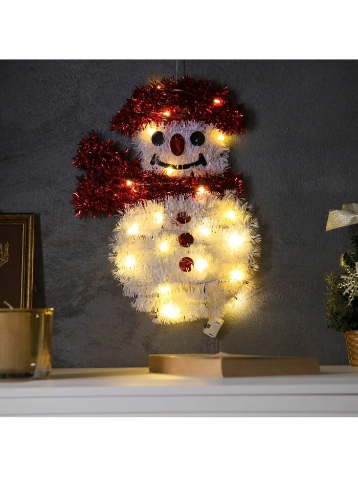 Светодиодная фигура из мишуры "Снеговик", новогодняя светящаяся фигурка, декоративное украшение, подвесная игрушка, праздничный декор на новый год, 32х22 см, 20 LED, свечение тёплое белое