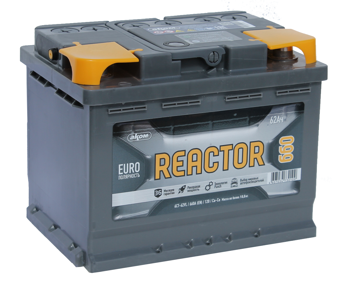 Аккумулятор AKOM REACTOR 62 Ач 660 А (242х175х190) обратная полярность