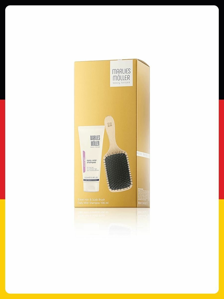 Набор Marlies Moller Brushes Travel Hair & Scalp Brush шампунь Strength Daily Mild 100 мл, массажная щетка для волос 1 шт
