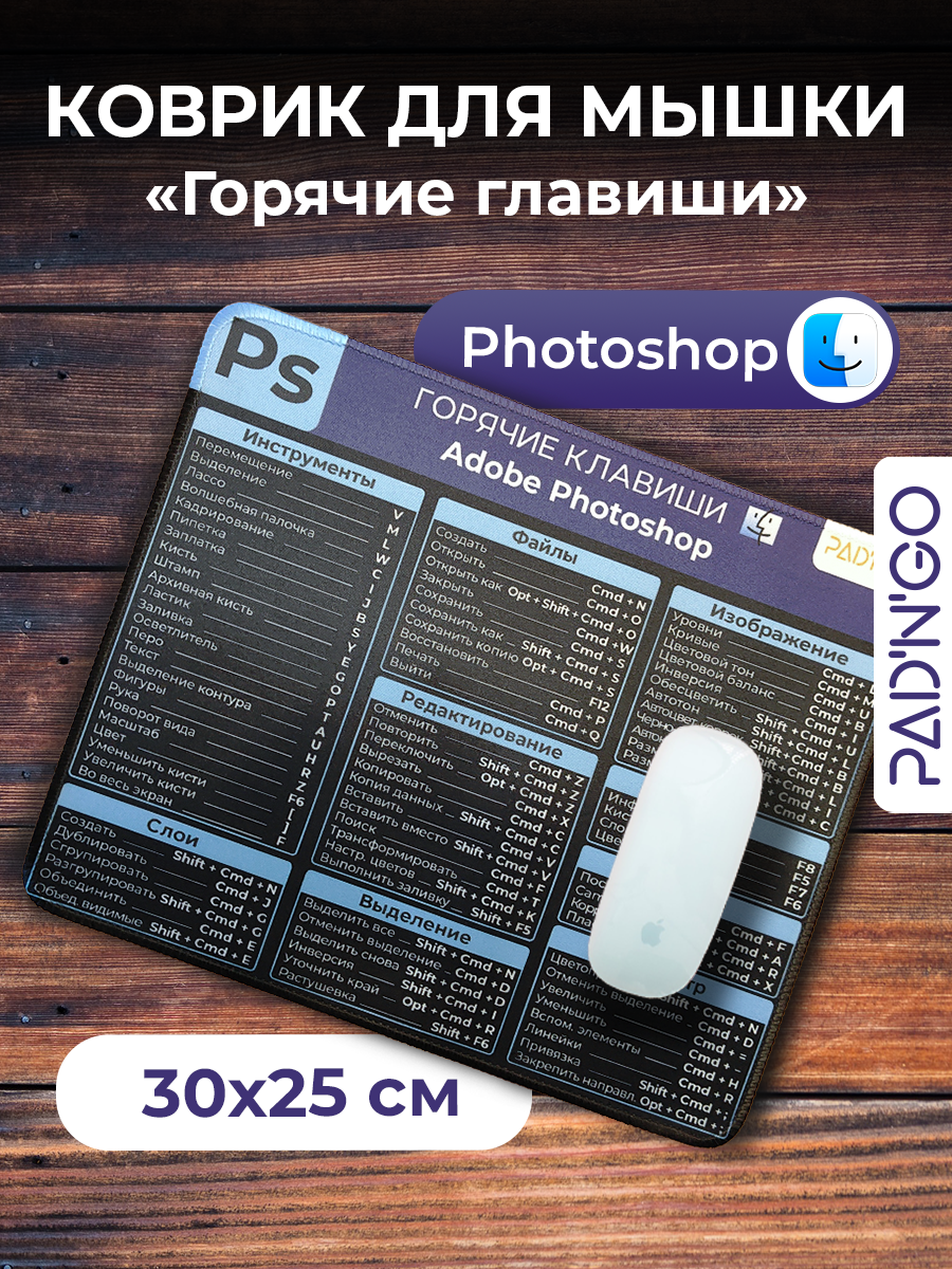 Коврик для мышки игровой, 300*250*2 мм, Горячие клавиши Photoshop для MacOS