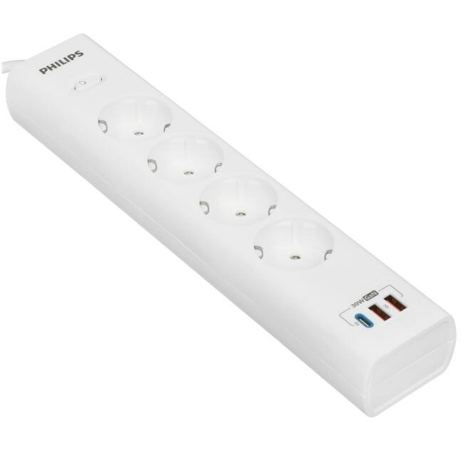 Сетевой фильтр Philips 2м (4 розетки, 2xUSB, USB-C)
