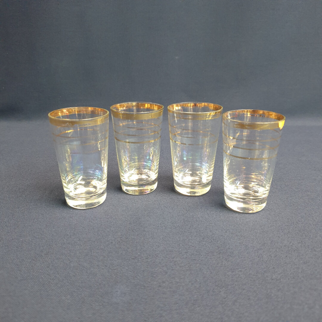 Набор из 4 стопок, стекло перламутр позолота 50 мл 7 см, винтаж СССР