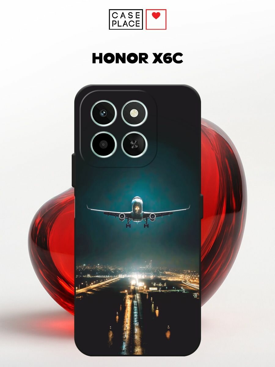 Черный матовый чехол на Honor X6c / Хонор Х6с с принтом Взлет самолета ночью