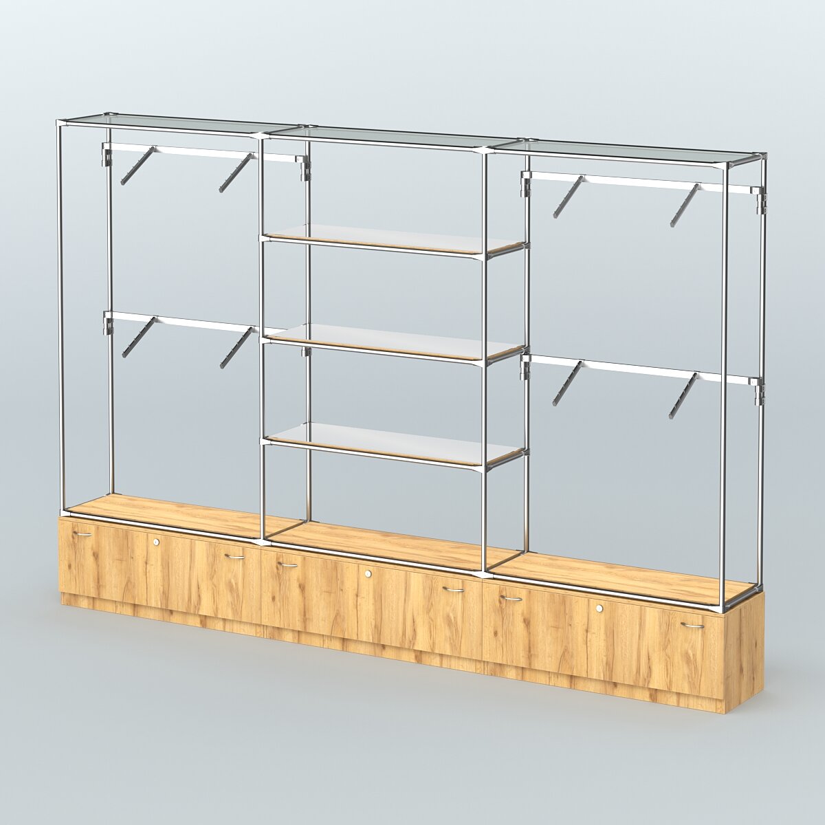 Торговая система хром без ДСП 3600 мм с тумбами Т11, зеркальными полками и поручнями №3, Дуб Золотистый