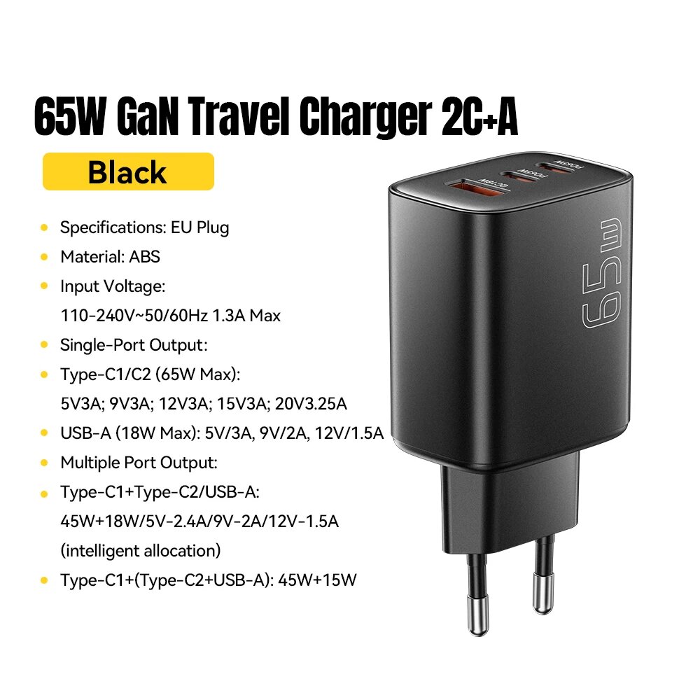 Essager 65 Вт GaN Зарядное устройство Быстрая зарядка USB Зарядное устройство типа C EU 65W Black