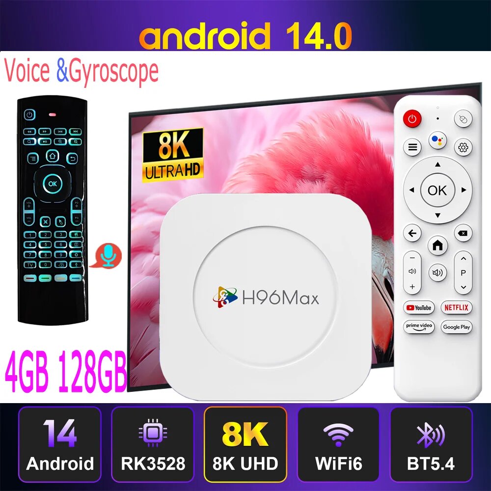 Android 14.0 RK3528 Quad Core Wifi6 8K HDR LAN 100M BT5.4 Voice Assistant 4GB 128GB Media Player Smart TV Box H96 Max M1 Plus