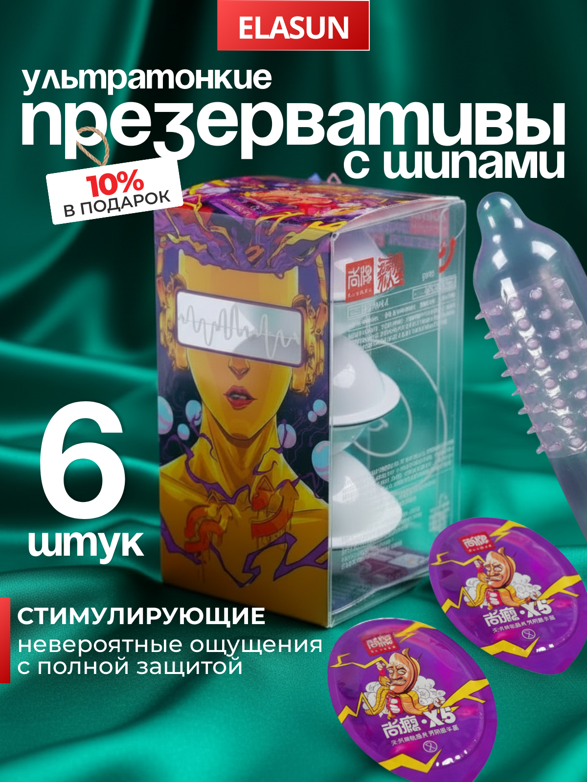 Презервативы Elasun ультратонкие, стимулирующие, с шипами, ребристые со смазкой 6 шт