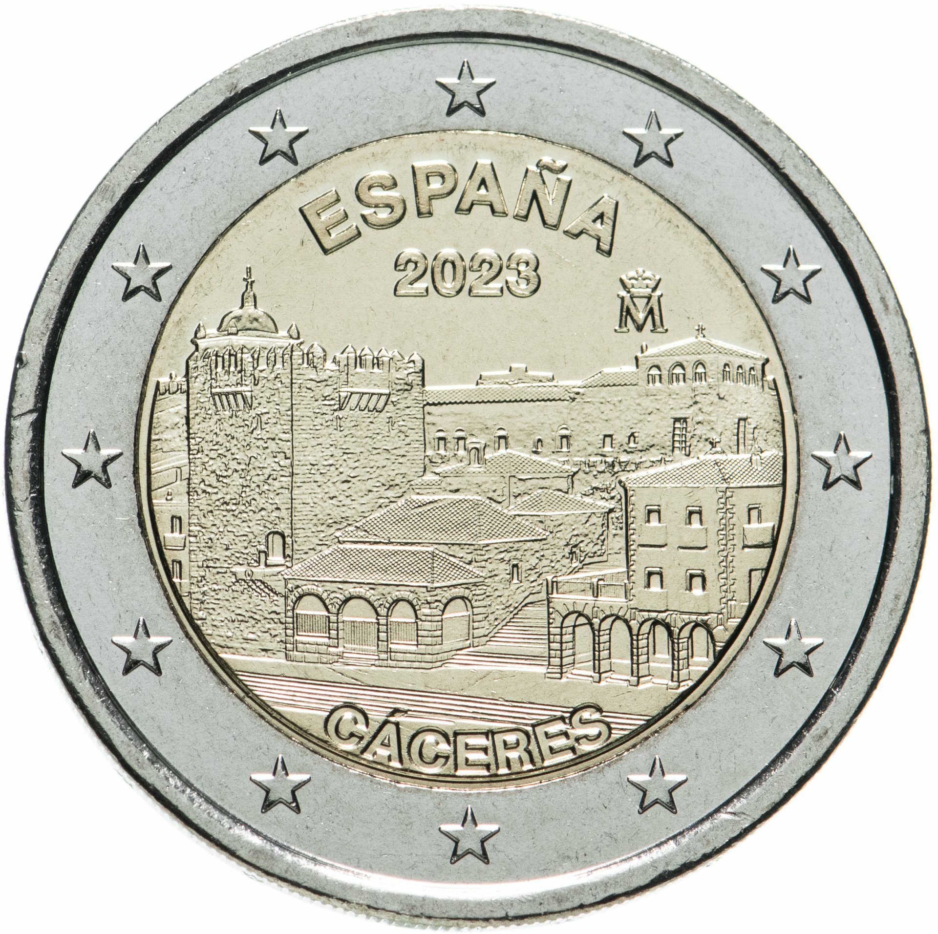 Испания 2 евро 2023 "Старый город Касерес", Биметалл, в сохранности UNC