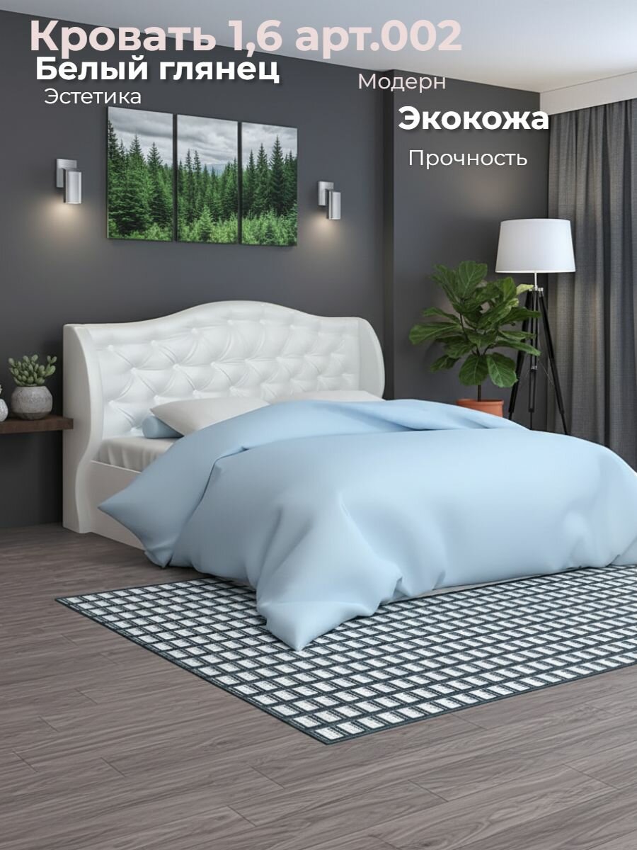 Кровать 1,6 арт.002 Модерн Экокожа Белый глянец и Бодега белая, ширина 160 см, мягкое изголовье, двуспальная кровать, мебель в спальню