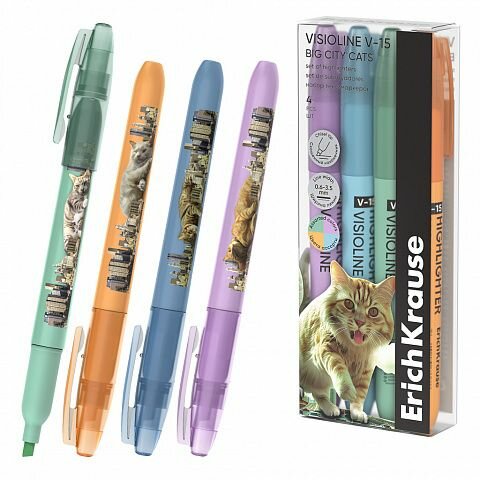 Маркер текстовой Erich Krause набор 4 цвета, Visioline V-15 Big City Cats, скошенный, 0.6-3.5 мм