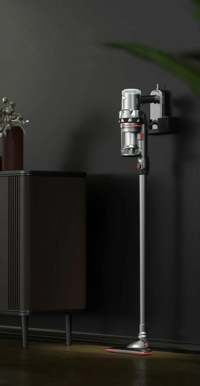 Мощный вертикальный пылесос : высокая мощность всасывания, маневренная щетка и прозрачный контейнер для пыли