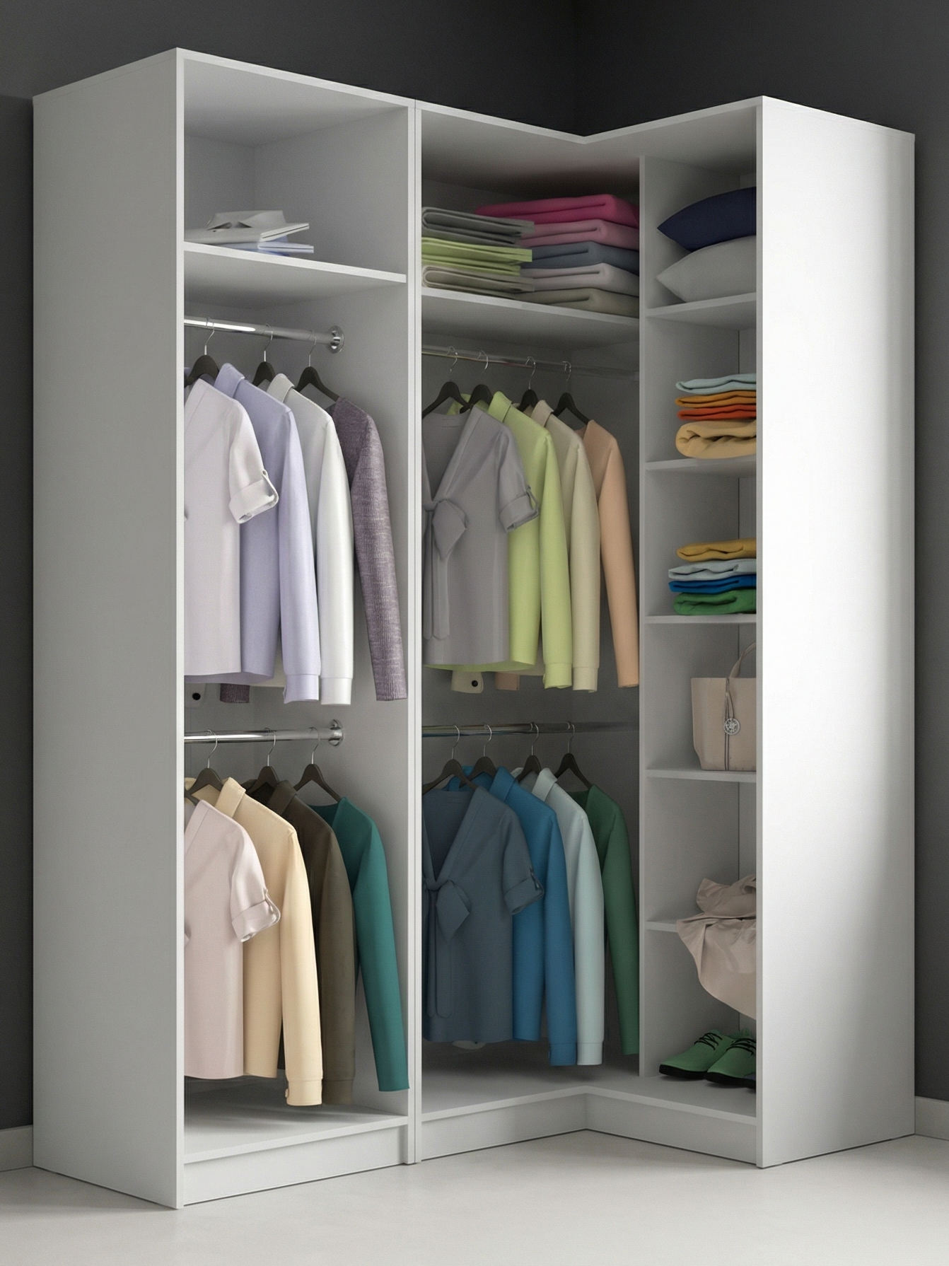 Открытый гардеробный угловой шкаф Макс-15 с 4 штангами для вешалок и 8 полками, ШхГхВ: 160х100х210 см, белый
