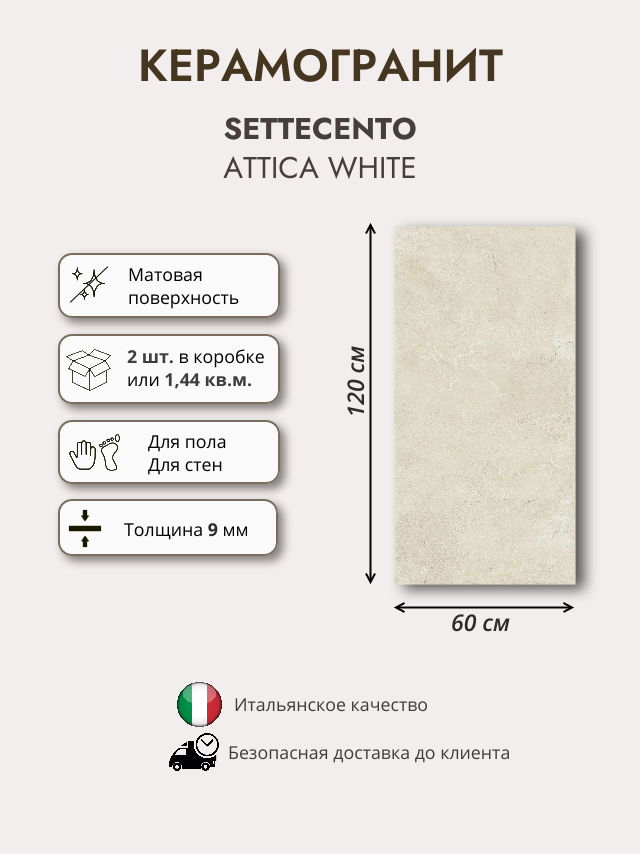 Керамогранит Settecento Attica White, 60x120 см, матовый, 2 шт в уп. (1,44 кв. м)