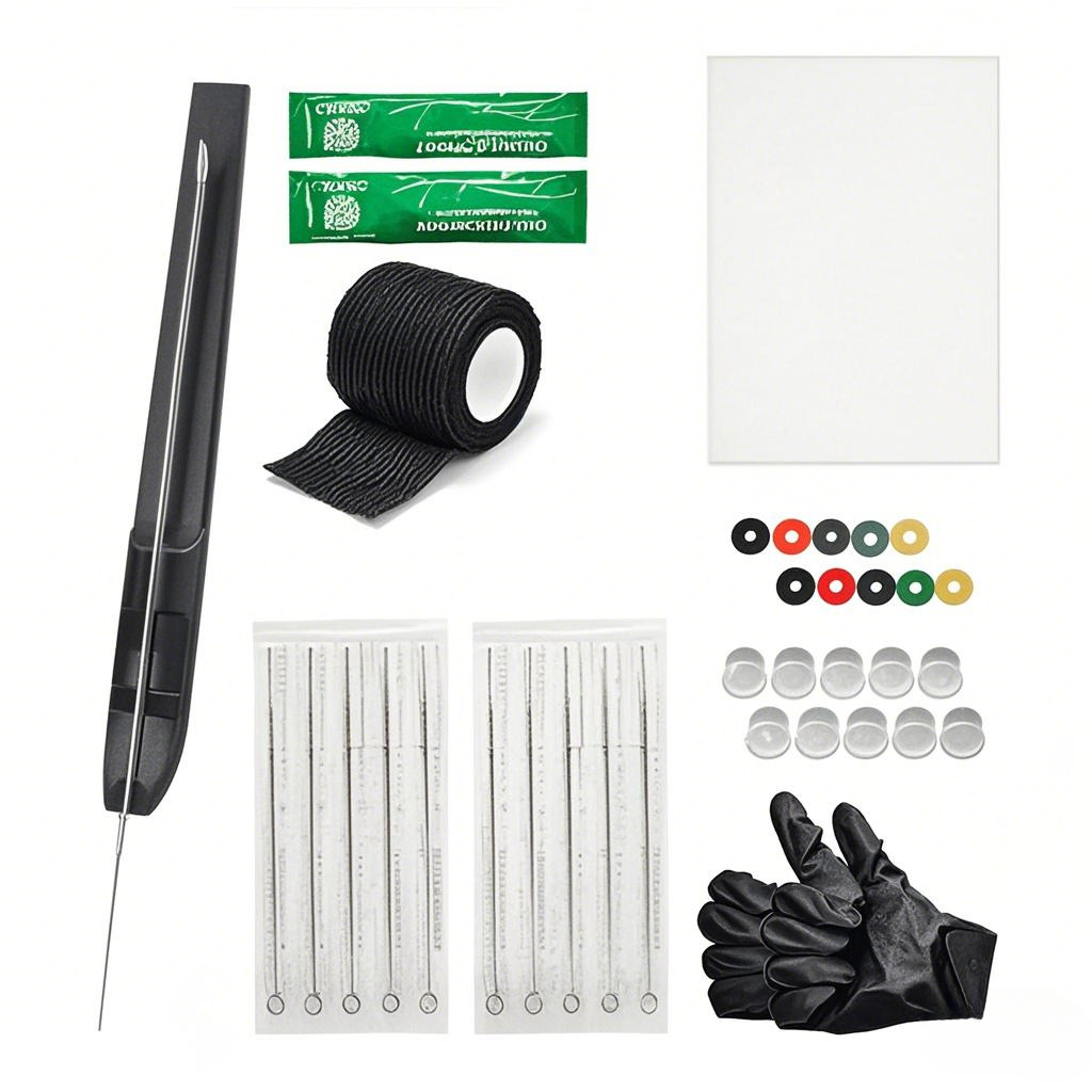 Набор для татуировки вручную Hand Poke and Stick Tattoo Kit с черной краской, перчатками, стаканами для краски, кожей для практики, кремом для заживления, 10 штуками игл 9RL, бандажем, ручкой для татуировки, 10 громметами, материал ABS, размер упаковки