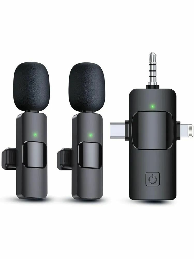 Микрофон K15 / Беспроводной петличный микрофон + универсальный ресивер с 3 интерфейсами (3.5 mm jack, Type-C и Lightning)2 микрофон, черный