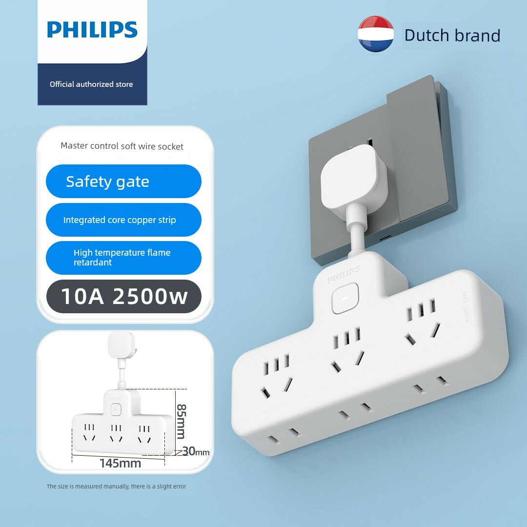 Адаптер розетки Philips с коротким проводом, удлинитель на 6 гнезд с общим выключателем, многоместная